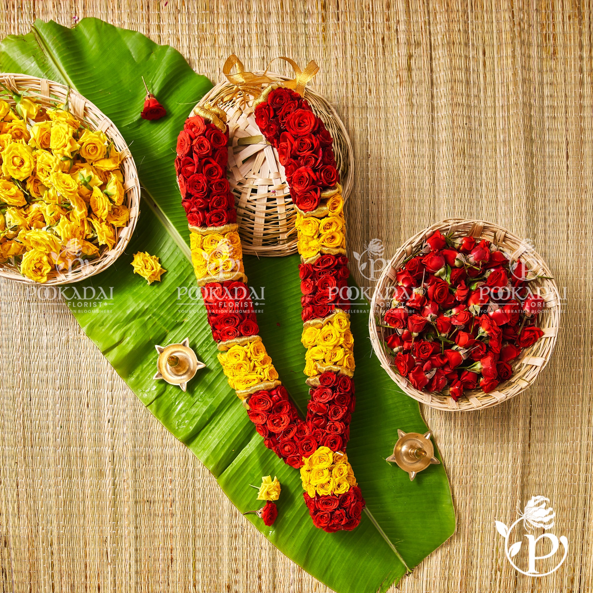 Button Rose Garland - Red & Yellow Flowers for Weddings & Pooja ...